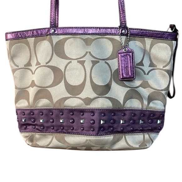 Coach | Bags | Coach Shopper Shoulder Tote Khaki And Purple W Gems ...